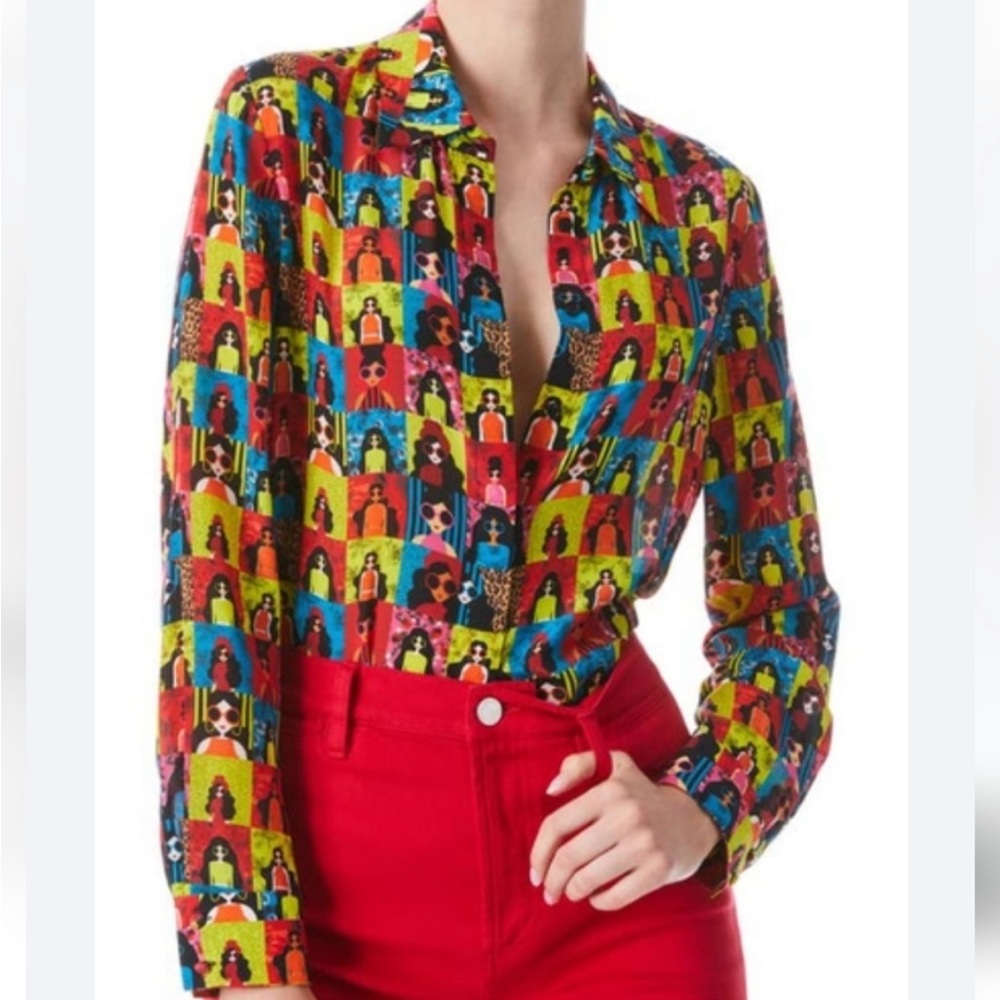 Alice + Olivia Willa Stace-Face Print Silk Button Up … - Gem
